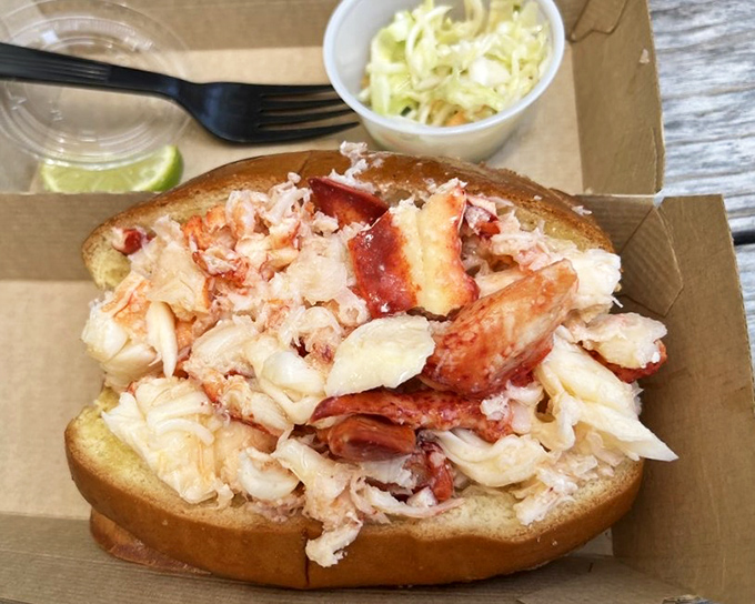 Lobster roll perfection doesn't need fancy presentation&mdash;just impossibly fresh meat piled high on buttery bread. The coleslaw sidekick knows it's playing second fiddle to greatness.