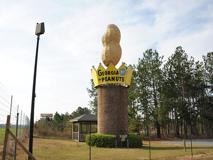 A peaceful park setting surrounds the monument, complete with a gazebo for contemplating life's big questions&mdash;like why we build giant peanuts in the first place.