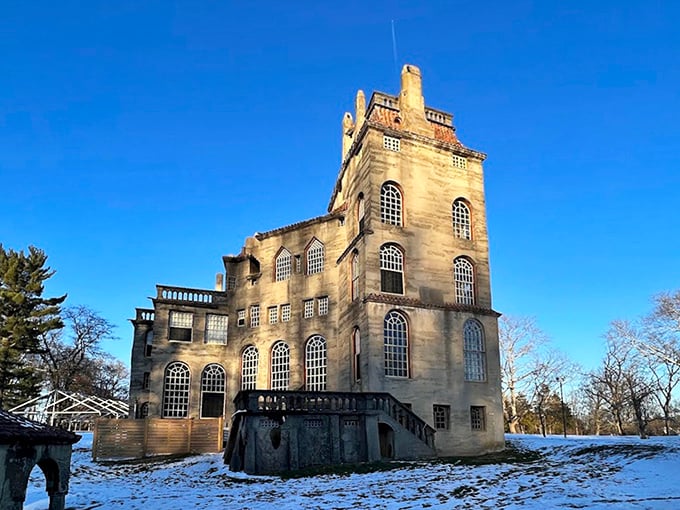 Winter transforms Fonthill into something from a Wes Anderson film—symmetrically framed yet delightfully off-kilter against the crisp blue sky.