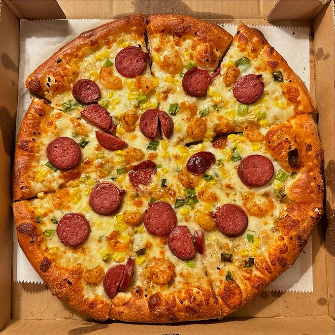This isn't just pizza &ndash; it's edible artwork where pepperoni and green onions perform a delicious duet atop a golden-brown canvas of perfection.