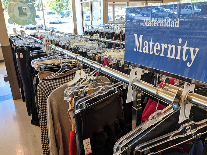 The maternity section: where expectant moms find fashion without the first-time price tag. These racks hold outfits for life's most miraculous waiting game.