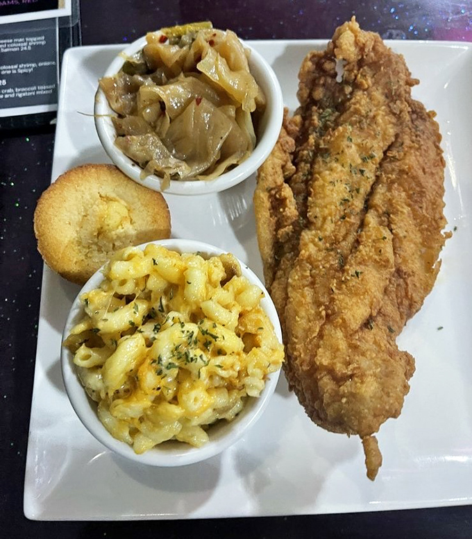 That golden, creamy mac and cheese paired with perfectly fried fish&mdash;this is what happiness looks like on a plate, friends.