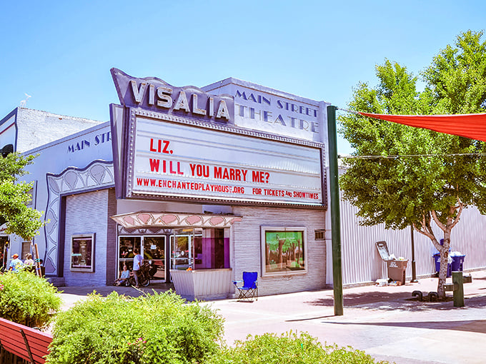 Liz, will you marry me? The Visalia Theatre's marquee proves romance is alive and well in this affordable Central Valley haven.