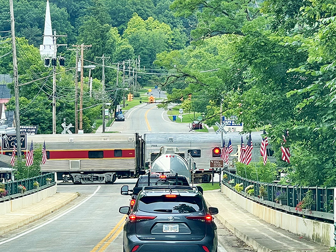 The Cuyahoga Valley Scenic Railroad cuts through town like a living history lesson on wheels, momentarily stopping traffic and starting conversations.