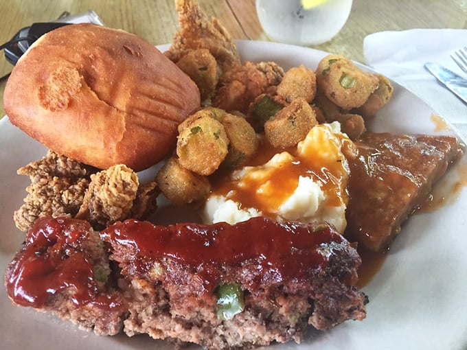 That meatloaf isn't just dinner &ndash; it's therapy on a plate, complete with mashed potatoes and fried okra standing by for emotional support.