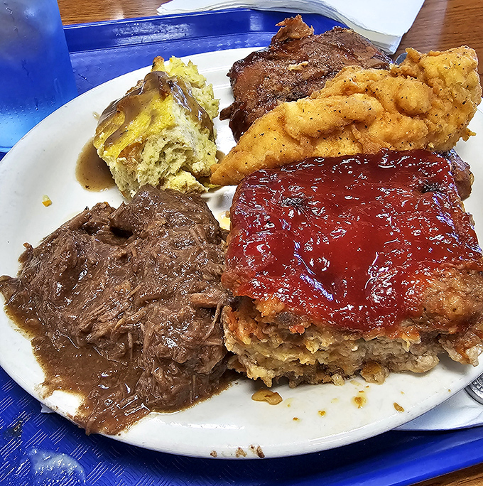 A plate that would make your grandmother proud&mdash;pot roast, meatloaf, fried chicken, and all the fixings competing for the title of "best bite."