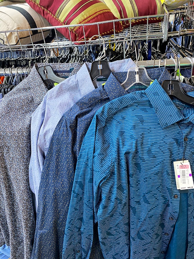 Pattern paradise! Men's shirts lined up like soldiers ready for their second tour of duty in someone else's wardrobe revolution.