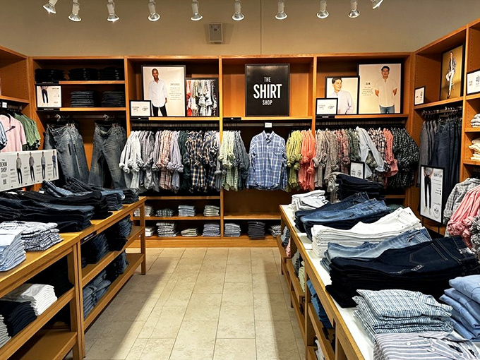 The shirt shop's organized chaos offers everything from casual weekend wear to office-appropriate button-downs.