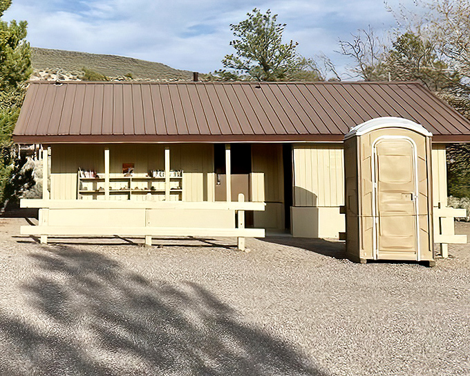 The park's mini library and restroom&mdash;because even in the wilderness, you need both good reading material and modern plumbing to truly civilize the experience.