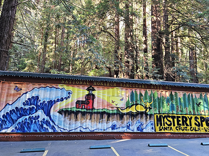 A colorful mural depicting Santa Cruz landmarks adorns the property, showcasing the Mystery Spot's place among California's beloved coastal attractions.