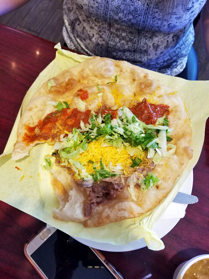 Behold the Navajo taco in all its glory&mdash;a perfect storm of crispy-yet-soft fry bread, savory beef, and fresh toppings.
