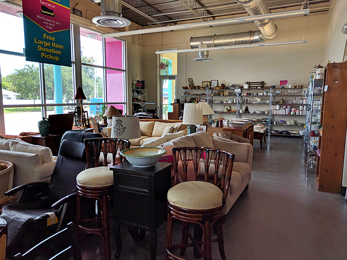 Step inside to discover a wonderland of organized racks, where colorful banners hang from industrial ceilings and fashion finds await at every turn.