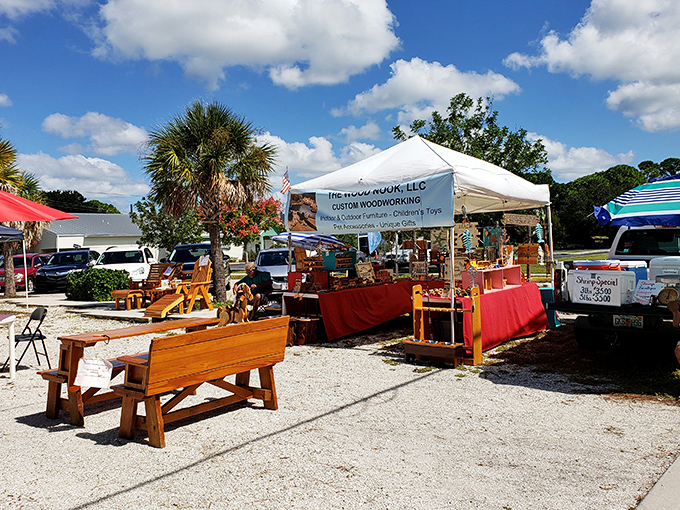 Treasure hunters and early birds flock to Olde Englewood Village Farmer's Market, where handcrafted furniture tells stories of Florida craftsmanship.