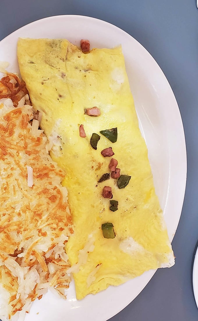 Behold the Western omelet in its natural habitat&mdash;perfectly folded, generously stuffed, and flanked by hash browns that mean business.