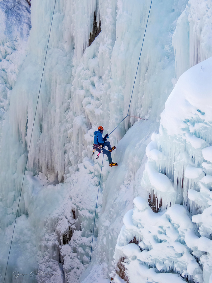 Ice climbing in Ouray—where daredevils with pickaxes and crampons turn frozen waterfalls into vertical playgrounds. My palms are sweating just looking at this.