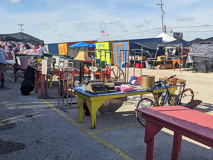 Colorful tables loaded with vintage treasures create an obstacle course of nostalgia&mdash;that typewriter might have written the Great American Novel.