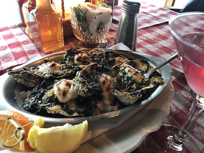 Oysters Rockefeller that would make the Vanderbilts jealous. These briny beauties, crowned with spinach and cheese, deliver the ocean's essence in each decadent bite. 