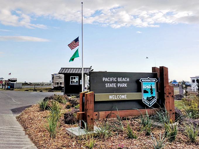 Pacific Beach State Park welcomes visitors with understated Northwest elegance. No flashy neon here, just the promise of natural splendor and salty breezes.