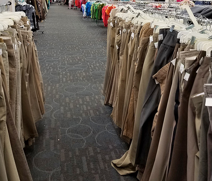 The pants section stretches like an Oklahoma horizon&mdash;khakis, dress slacks, and jeans organized so you're not hunting blindly.