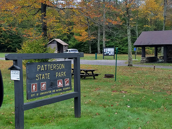 Patterson State Park welcomes autumn visitors with rustic shelters and picnic spots. Mother Nature's dining room comes with a spectacular fall foliage backdrop.