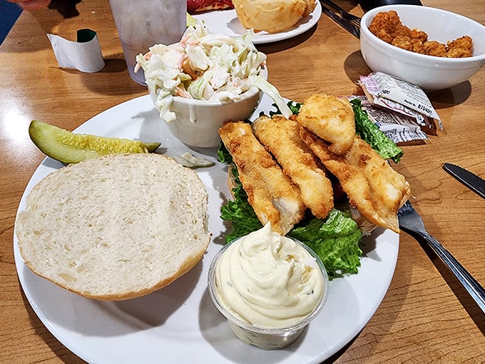 Behold the perch sandwich in its full glory&mdash;golden fillets perched atop fresh lettuce with a side of coleslaw that didn't come from a bucket.