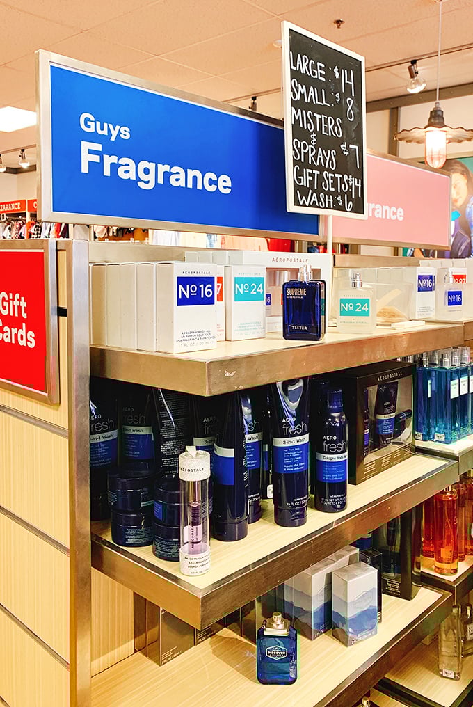 The fragrance section: where you can smell like a million bucks without spending nearly that much. Those blue bottles are practically California in a scent.