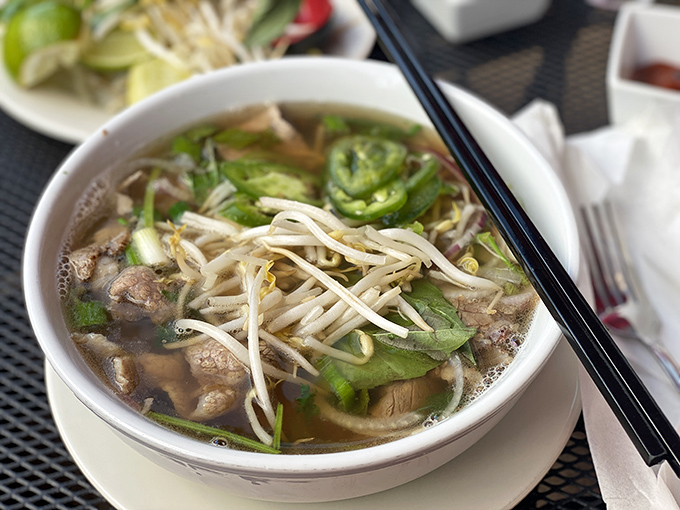 A steaming bowl of pho that's worth crossing state lines for&mdash;tender meat, aromatic broth, and fresh herbs creating a symphony in a bowl.