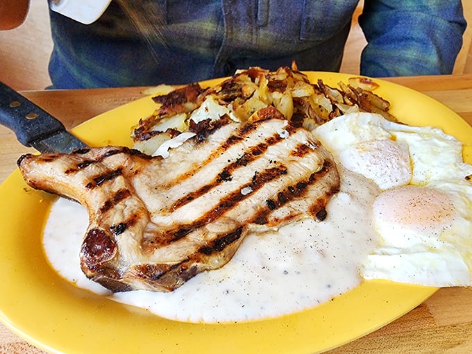 The star of the show: a perfectly grilled pork chop with country gravy that would make your grandmother both proud and jealous at the same time.