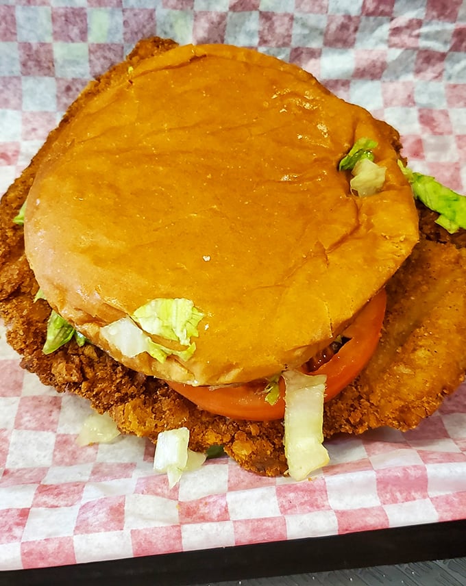 Behold the star attraction&mdash;a pork tenderloin so magnificently oversized that NASA could spot it from space. The bun is merely a suggestion.