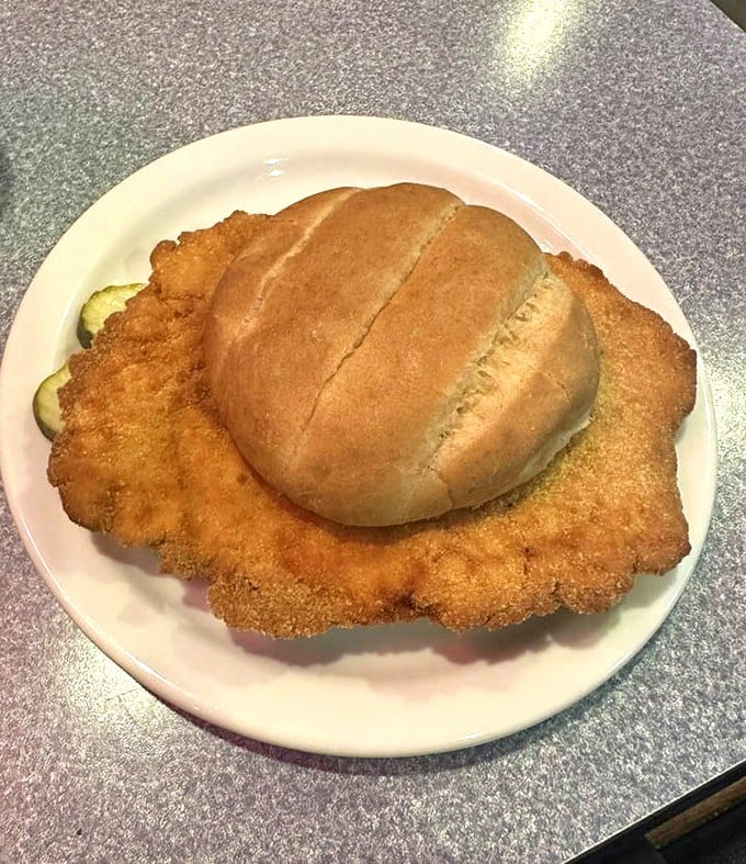 Behold the legendary pork tenderloin sandwich—a golden-fried masterpiece that requires its own area code and possibly diplomatic relations.