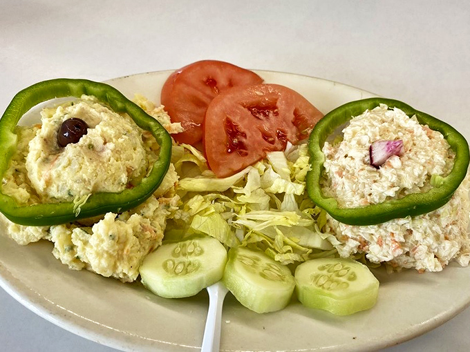 Green peppers become edible serving vessels for potato salad&mdash;a surprisingly elegant touch at this temple of casual dining.