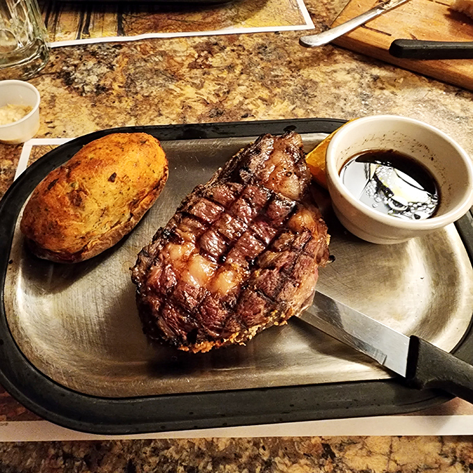 Ladies and gentlemen, meet the star of the show &ndash; a prime rib so tender, it practically cuts itself. It's not just a steak; it's a beefy revelation! 