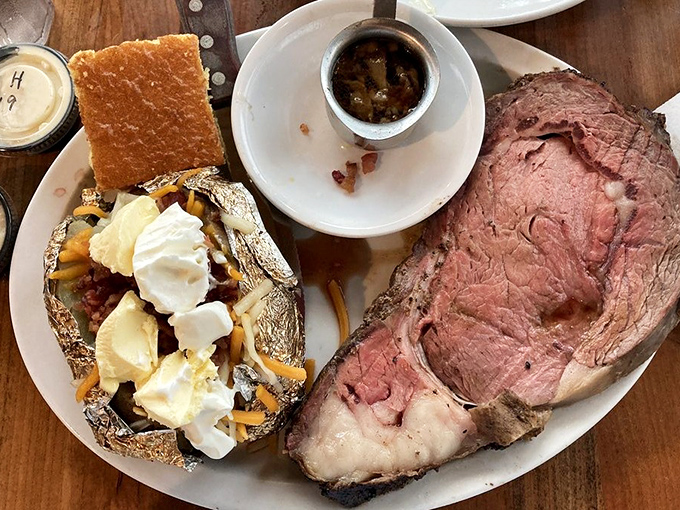 Behold the star of the show: prime rib so perfectly pink and tender, it makes other cuts of beef jealous.