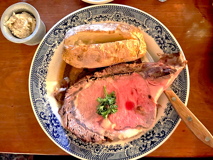 Prime rib perfection that would make George Washington reconsider crossing the Delaware. That pink center is the promised land of beef lovers everywhere.