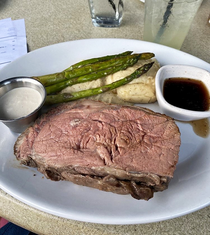 The prime rib doesn't just speak for itself&mdash;it sings a full-throated aria of beefy perfection, accompanied by asparagus and that magical au jus.