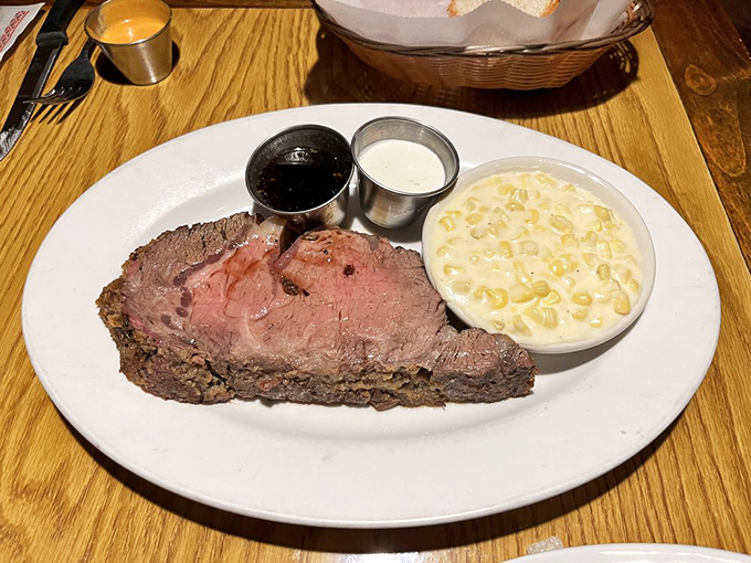 Behold the star of the show: prime rib so perfectly pink it could make a vegetarian question their life choices. The au jus is practically liquid gold.