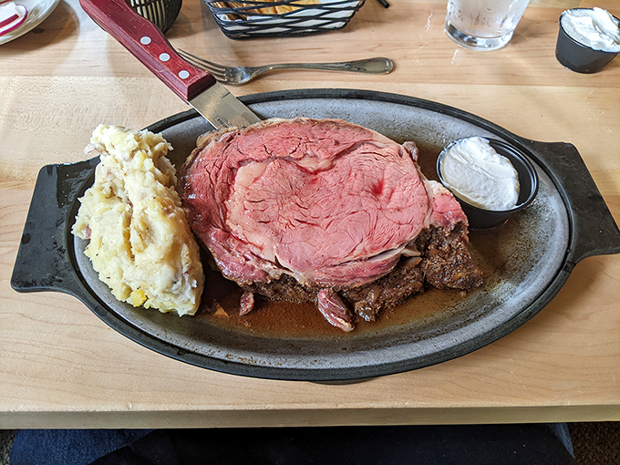 Behold the star of the show: prime rib so perfectly cooked it practically deserves its own standing ovation and curtain call.
