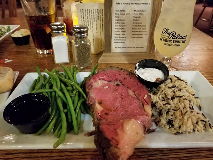 The star of the show: perfectly pink prime rib served with green beans and wild rice&mdash;a plate that's inspired multi-hour drives from Phoenix and beyond.