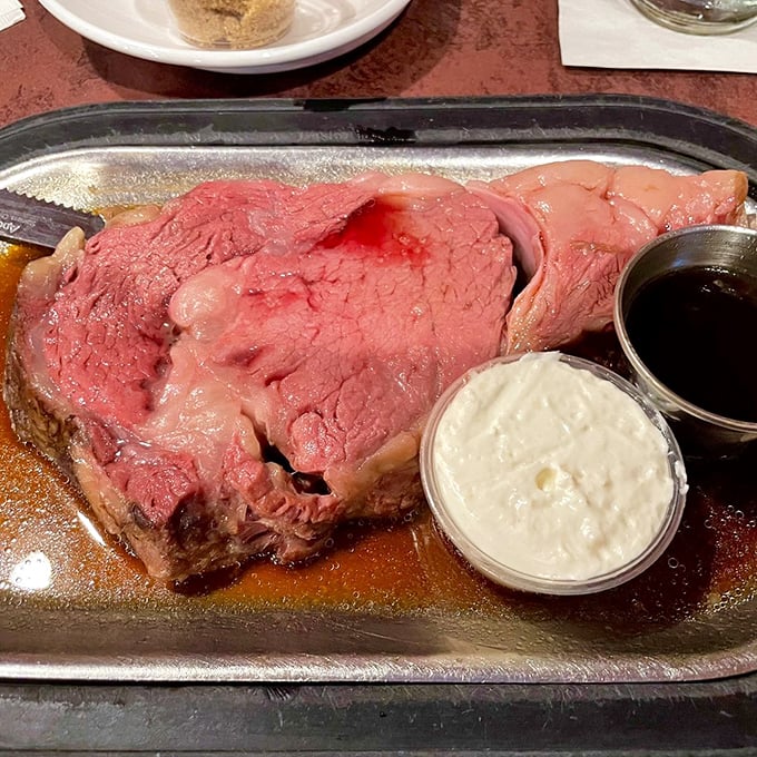 Behold the star attraction: prime rib so perfectly pink it should have its own Instagram account. That jus cup isn't just a condiment&mdash;it's liquid gold.