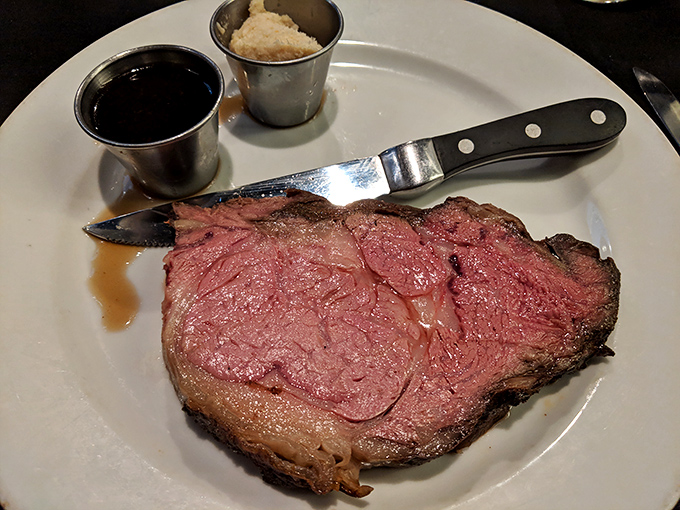 Behold the star of the show: prime rib so perfectly pink it makes vegetarians question their life choices.