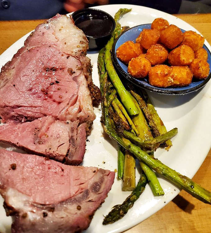 Prime rib that's pink in all the right places, paired with sweet potato tots that could make a grown person weep with joy.
