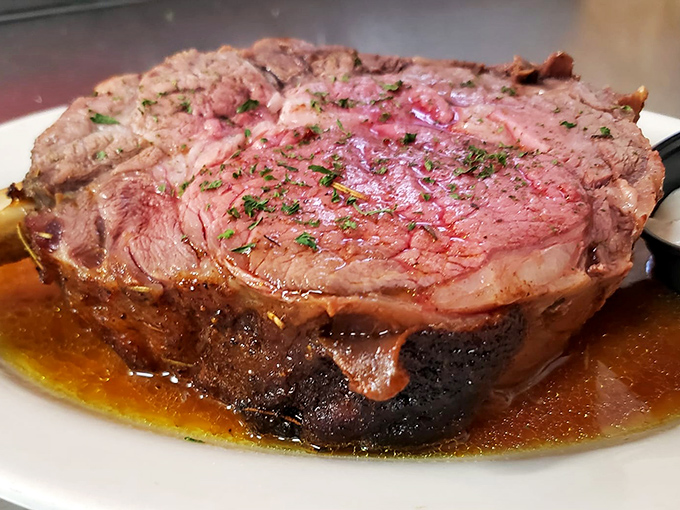 Behold the star of the show: prime rib so perfectly pink it makes steakhouse chains weep with inadequacy. That crust deserves its own fan club.