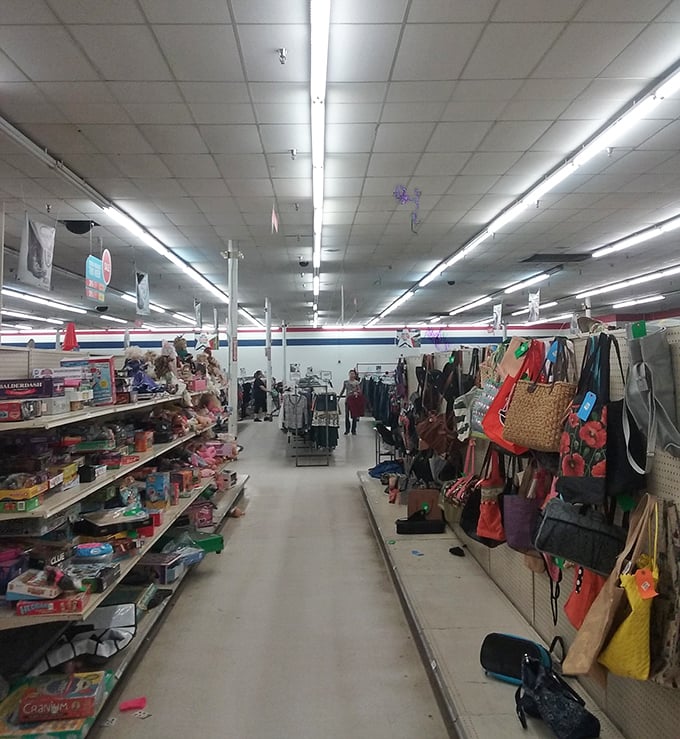 Accessories galore! The handbag aisle is like a fashion time capsule where yesterday's designer splurges become today's affordable statement pieces.