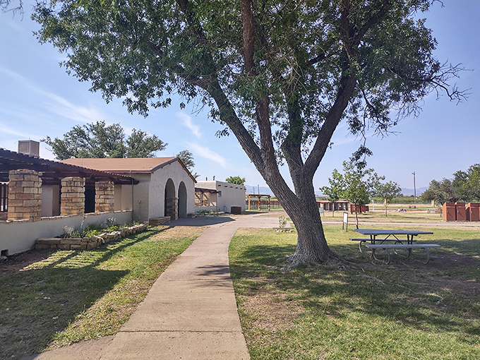 Spanish colonial architecture meets practical Texas functionality in this charming park gathering spot.