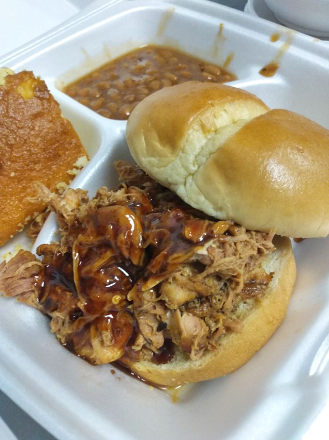 This pulled pork sandwich doesn't just sit on the plate &ndash; it commands attention. The sauce glistens like it's auditioning for a food commercial.