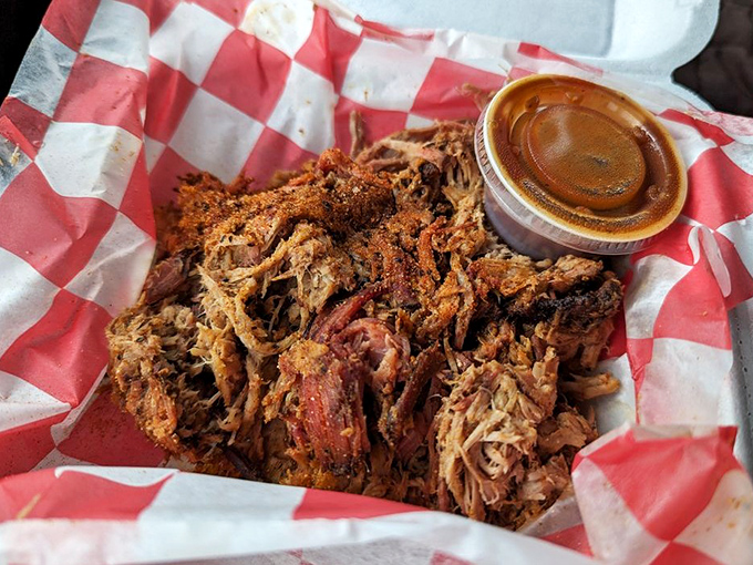 Pulled pork piled high like autumn leaves, except you actually want to jump into this pile.