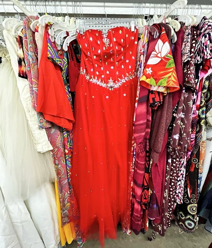 Formal wear that whispers tales of quincea&ntilde;eras and proms past. That red dress is just waiting for its next grand entrance.