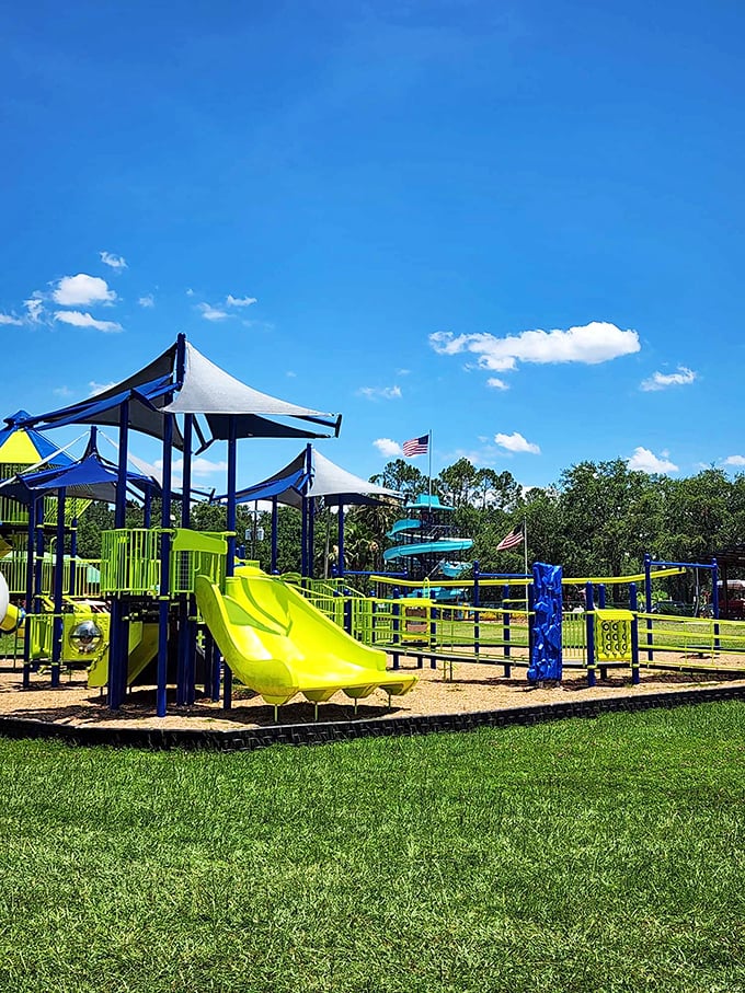 Childhood joy comes standard at this vibrant playground where kids can slide, climb, and swing while parents enjoy Florida's famous sunshine.