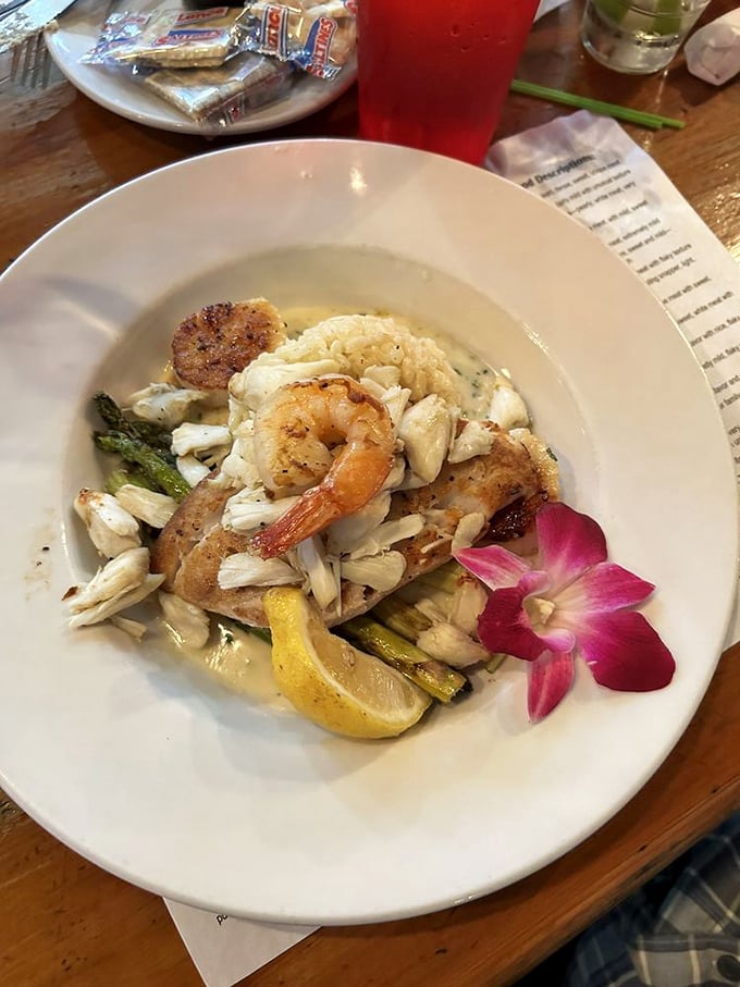 Seafood plated with an orchid garnish? That's how you know you're not at some chain restaurant where fish sticks are the specialty.
