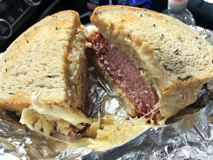 The star of the show in all its glory&mdash;layers of corned beef, sauerkraut, and Swiss cheese melting together in perfect harmony.